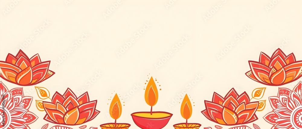Diwali Day Doodle Print Border Design with Minimalist Line Art of Oil ...