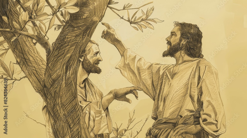 Biblical Illustration of Jesus' Visit to Zacchaeus in the Sycamore Tree ...