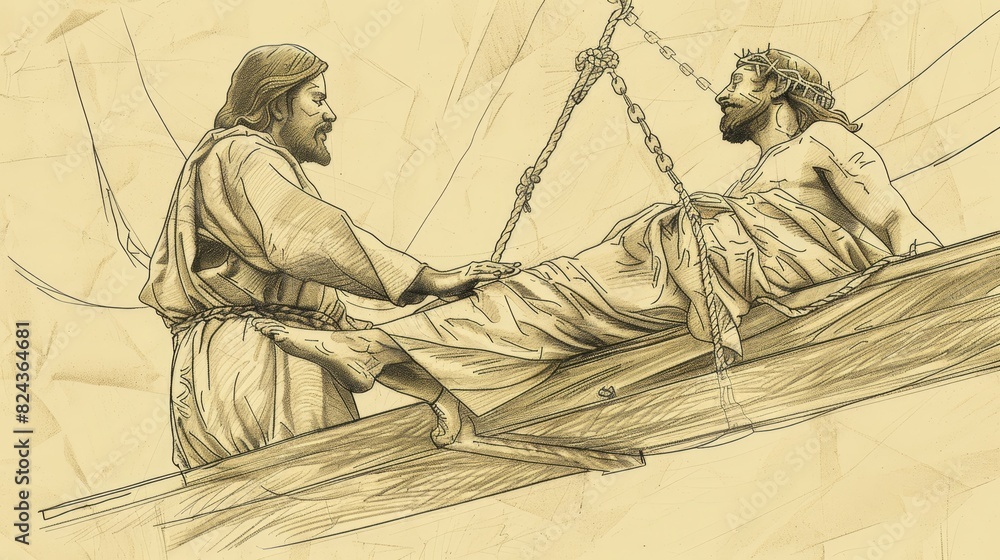 Biblical Illustration of Jesus Healing the Paralytic Lowered Through ...