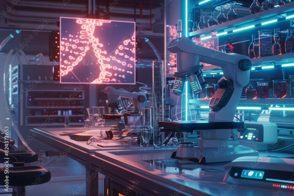 Gene editing tools at work in a futuristic lab, where holograms display ...