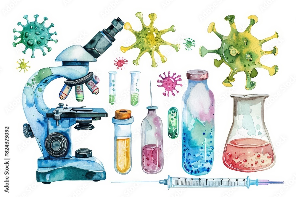 Set of watercolors of bacteria and viruses, under a microscope, with ...