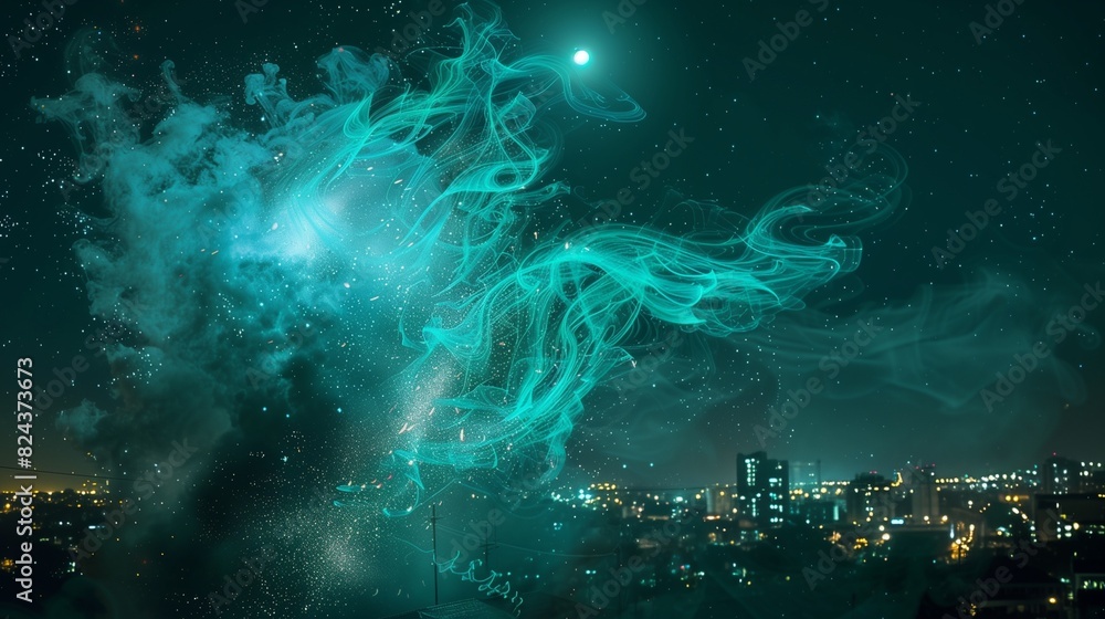 A burst of celestial teal energy bursting forth in a dazzling display, illuminating the night ...