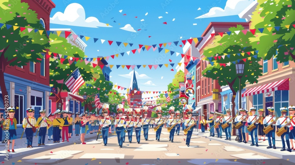 Colorful cartoon vector of a Memorial Day parade featuring marching ...