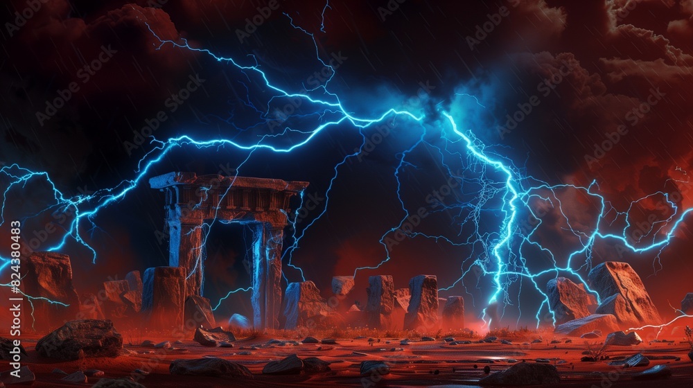 Bold blue lightning striking a dark red wasteland, illuminating an ...