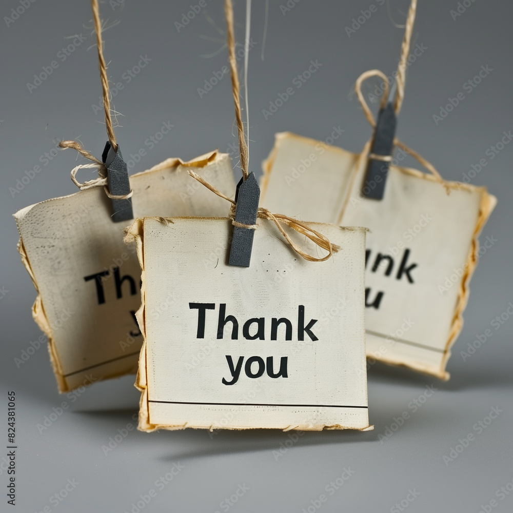 Three vintage paper tags with Thank you text written hanging on strings ...