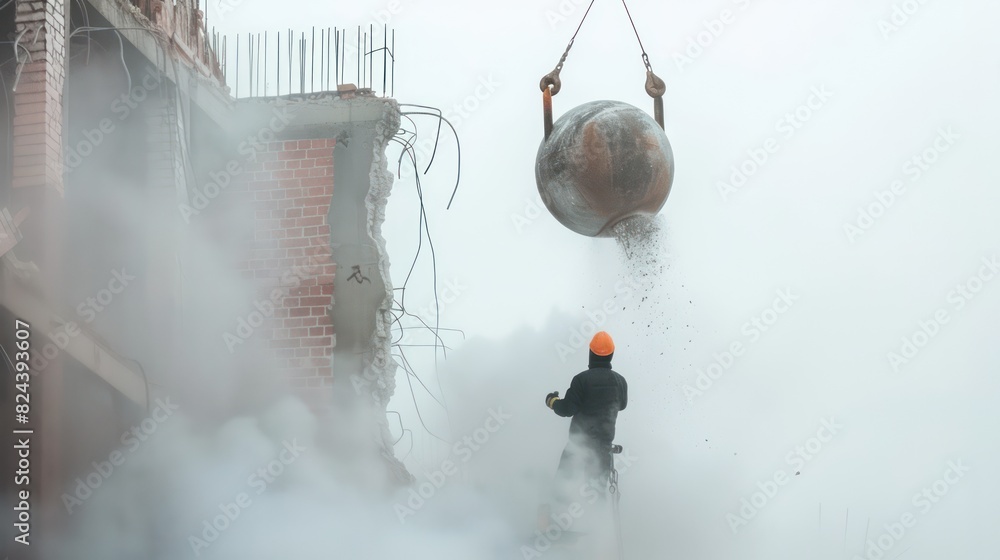 Depict a construction worker using a wrecking ball attached to a crane ...