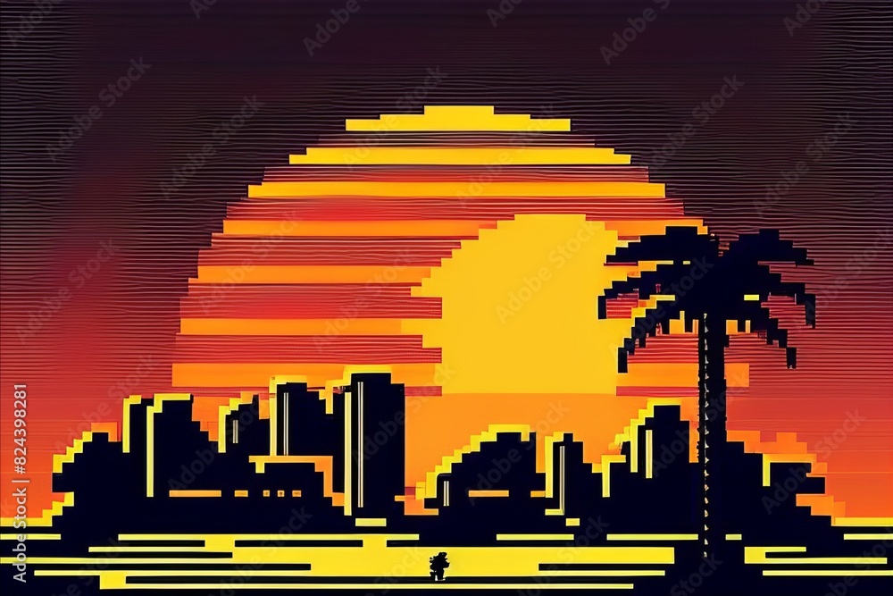 Sunset Palm Beach City with Pixel Art Style Stock Illustration | Adobe ...