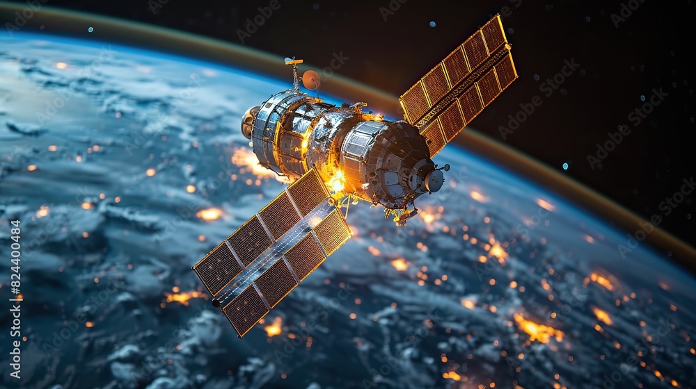 Space stations relaying signals to different parts of the world. stock ...