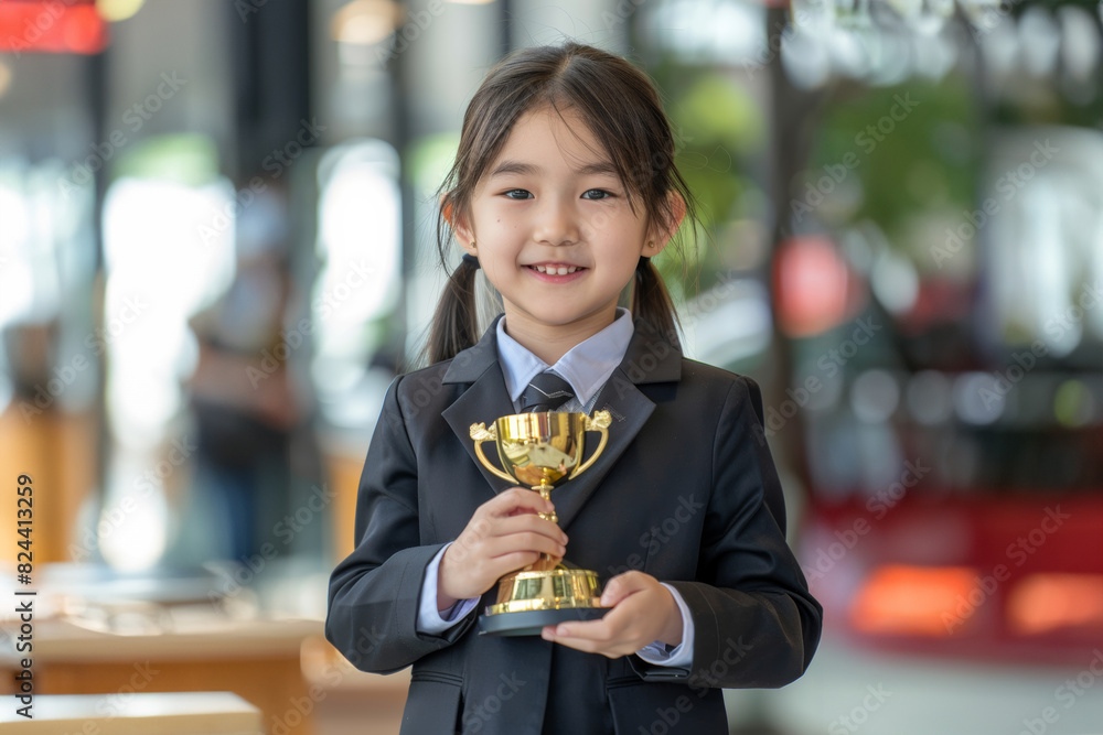 Asian girl wearing dark gray school uniform suit, aged 6, gleefully ...