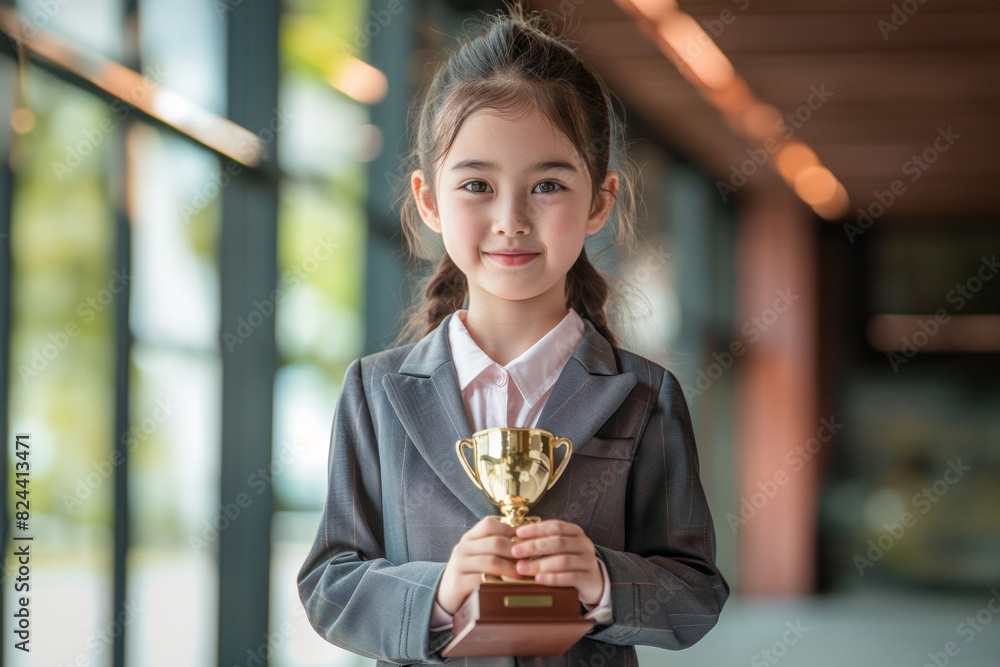 Asian girl wearing dark gray school uniform suit, aged 6, gleefully ...