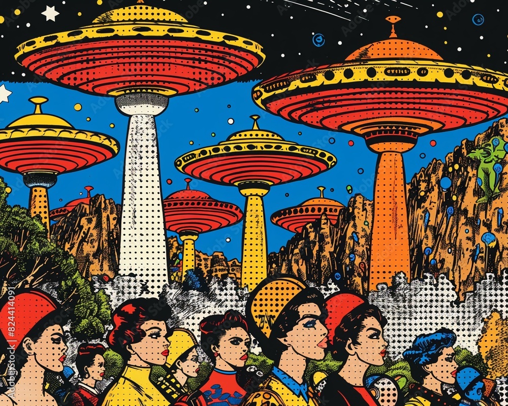 Retro futurism pop art style, 50s pulp sci-fi comic book cover, flying ...