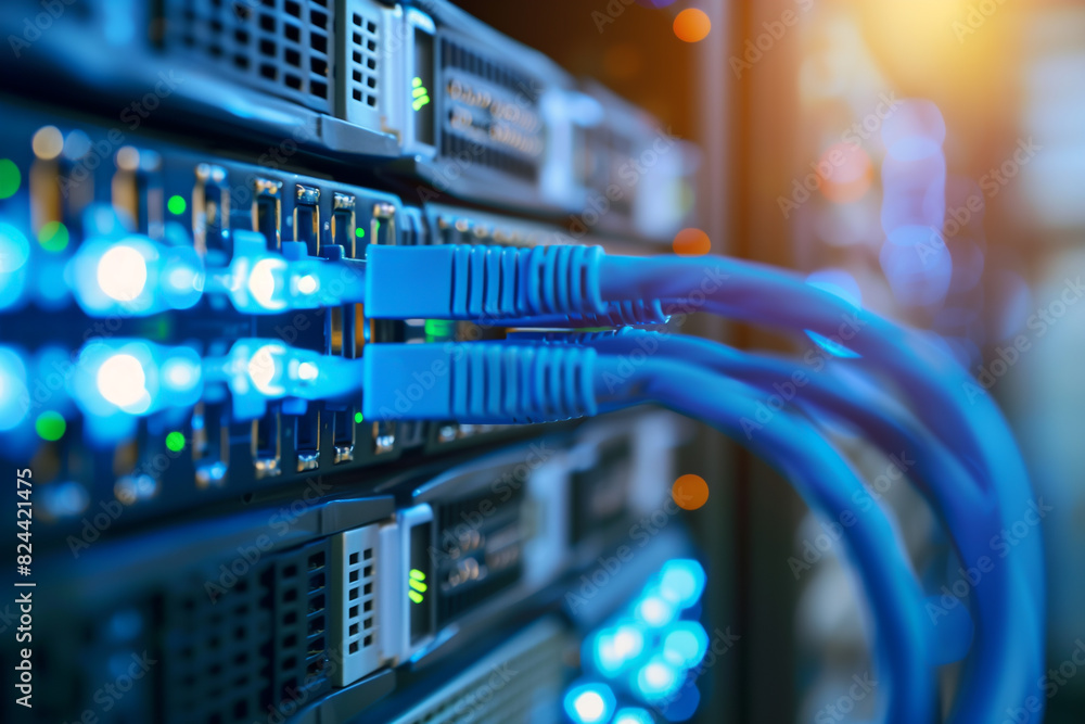 Close-up of network switches and ethernet cables at data center server ...