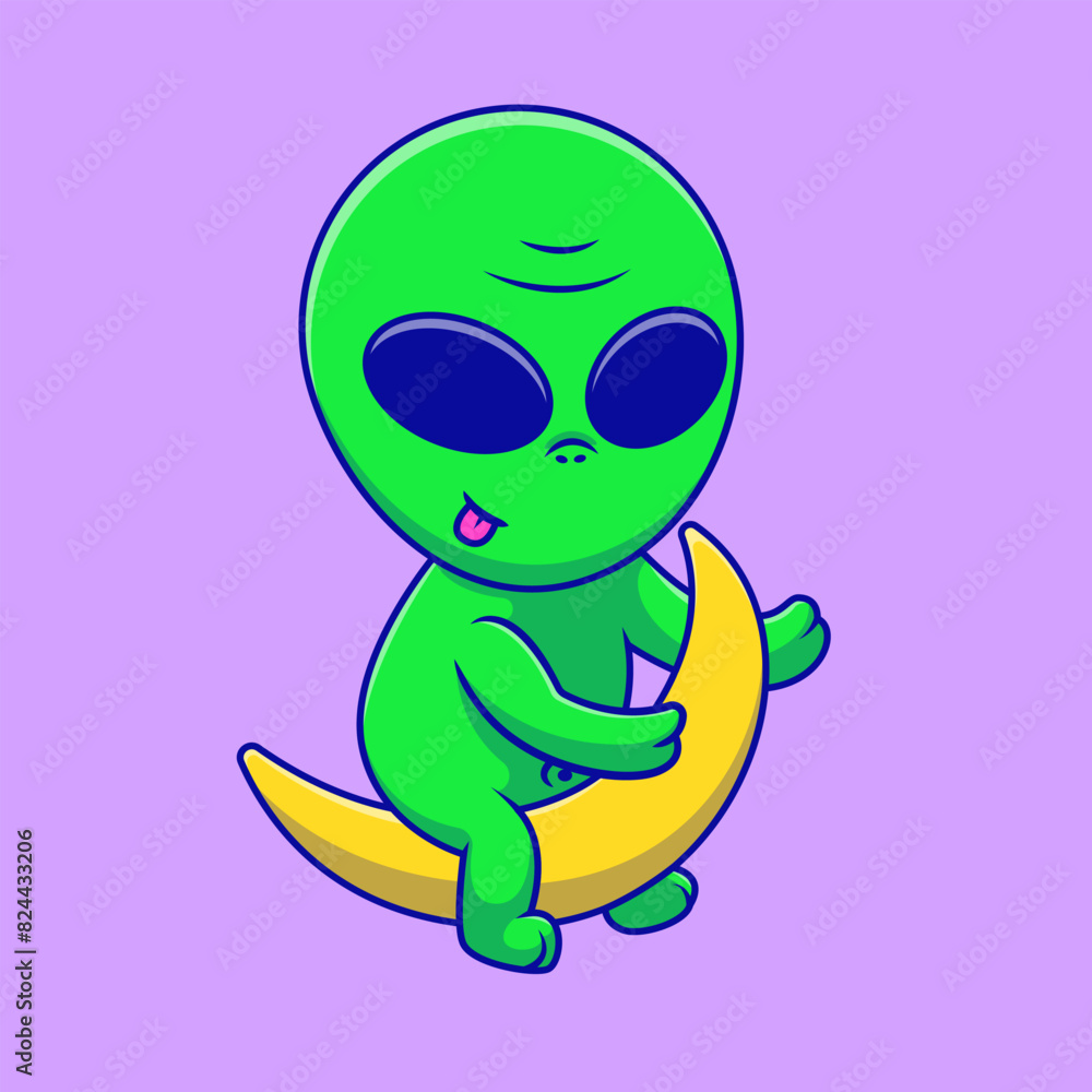 Cute Alien Sitting On Crescent Moon Cartoon Vector Icons Illustration ...