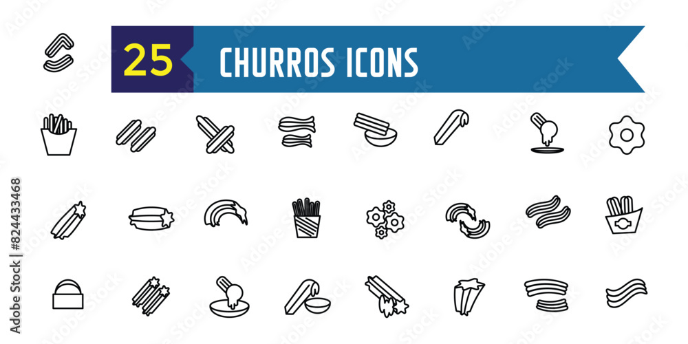 Churros icons set outline vector. Mexican chocolate. Churro food ...