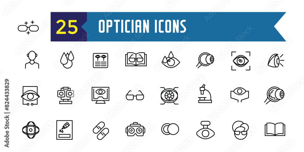Optician icons set. Outline set of optician vector icons for ui design ...