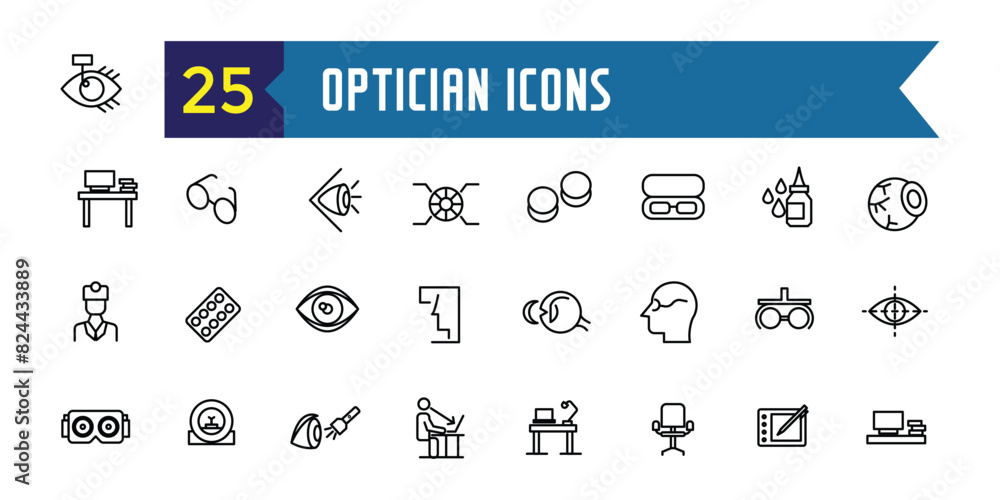 Optician icons set. Outline set of optician vector icons for ui design ...