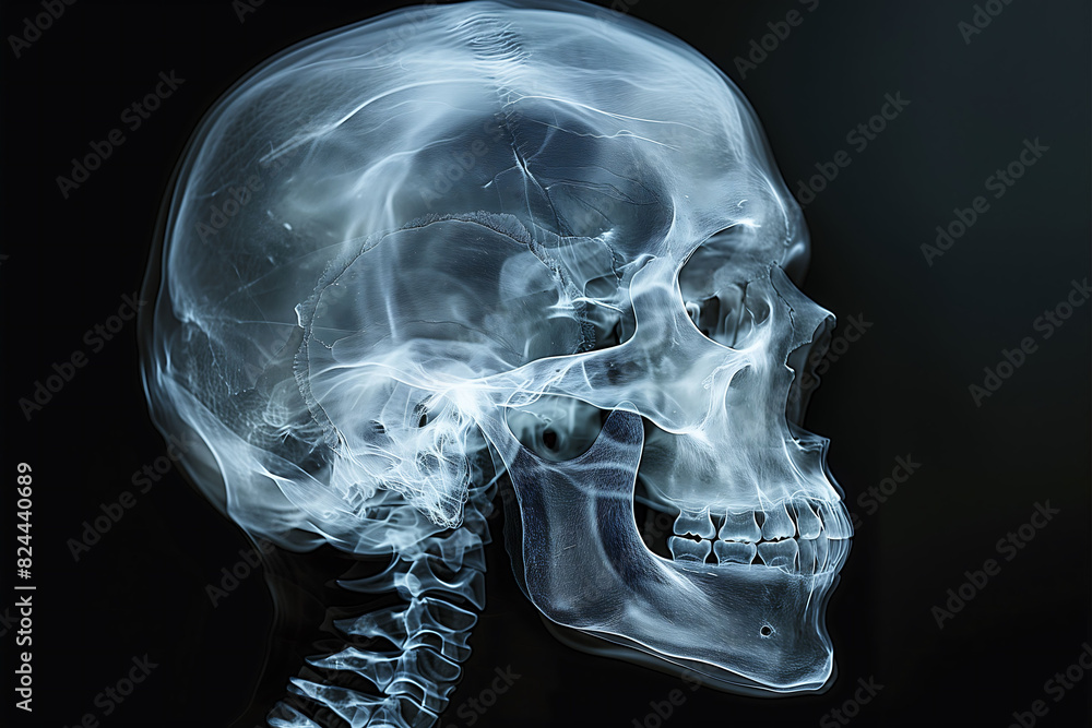 X-ray image showcasing a human skull, detailed view of cranial ...