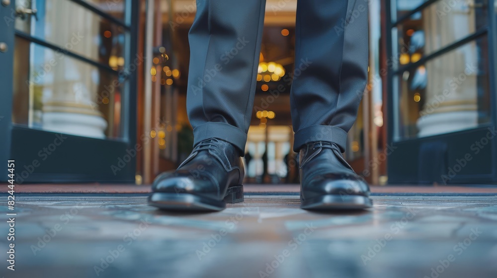 Closeup of a doorman shoes and the edge of his uniform, grand hotel ...