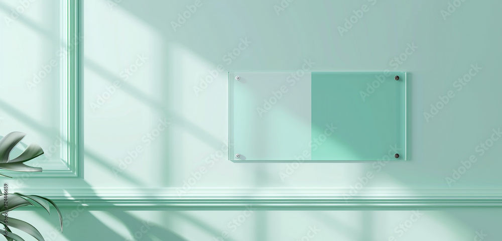 Acrylic name plate on a pale mint wall, isolated transparent background ...