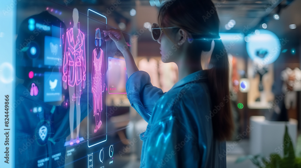 woman wearing glasses uses a holographic interface to interact with virtual and fashion items ...