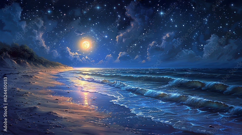 Nature Background, Moon and Stars Over a Quiet Beach: A peaceful beach ...