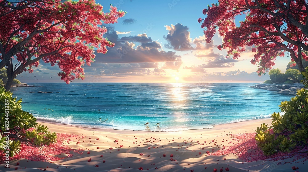 Nature Background, Springtime Beach with Blossoming Trees: A beautiful ...