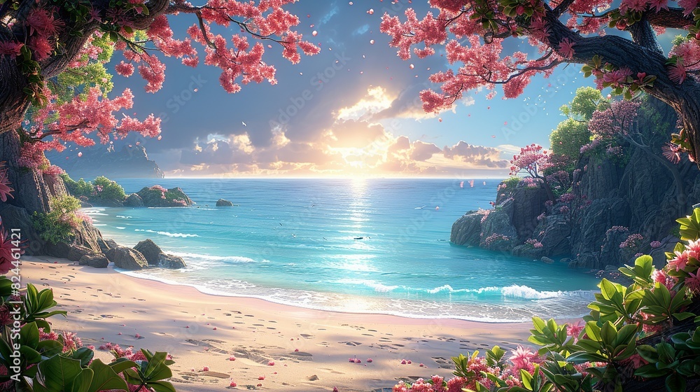 Nature Background, Springtime Beach with Blossoming Trees: A beautiful ...