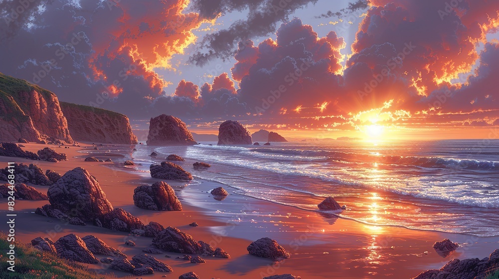 Nature Background, Sunset on a Rocky Beach: A rugged beach with large ...