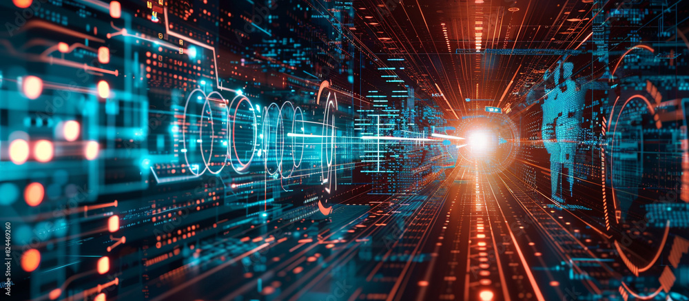 Front view of abstract tech symbols on a modern technology background ...