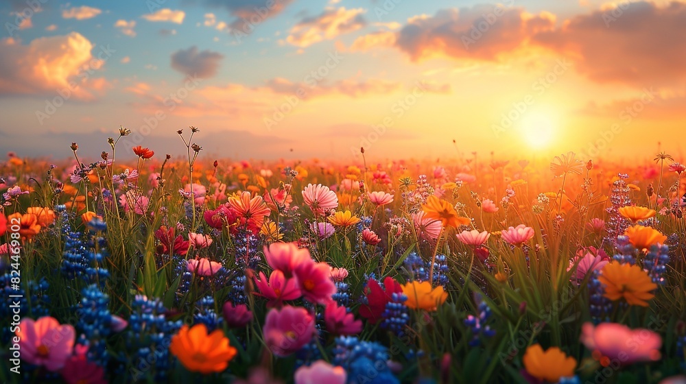 Nature Background, Sunset Over a Flower Field: An expansive field of ...