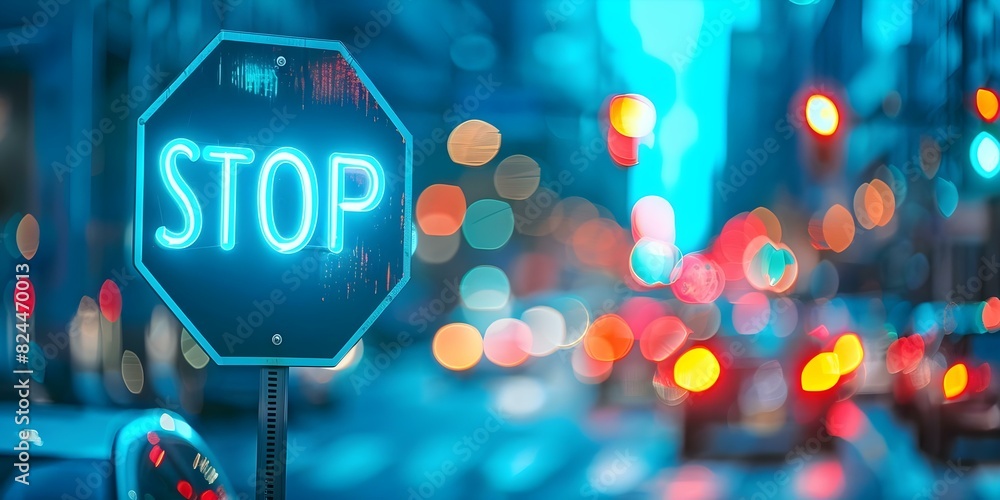 Neon stop sign stands out amidst rush hour gridlock in busy downtown ...