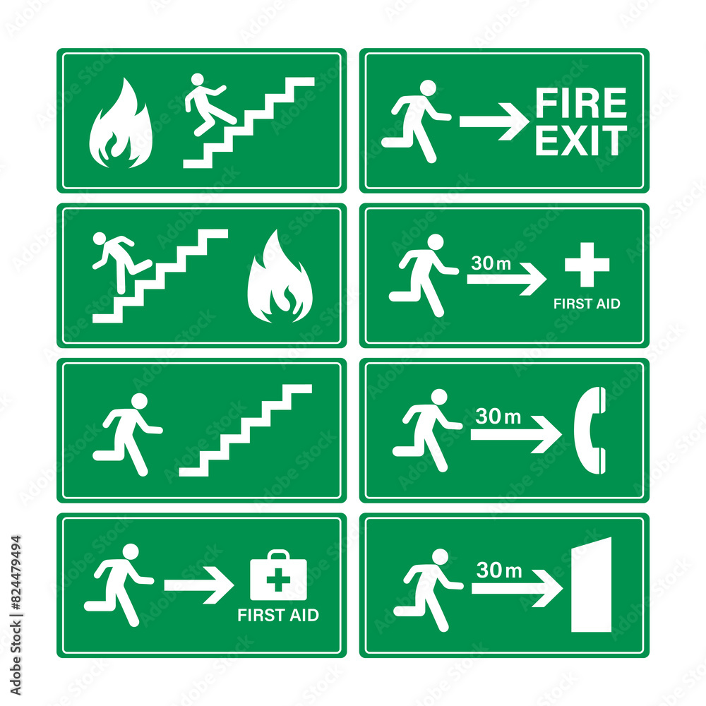 Green fire safety and emergency icons set. Collection of fire danger ...