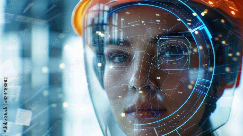 Full face portrait of female engineer wearing safety helmet View camera ...