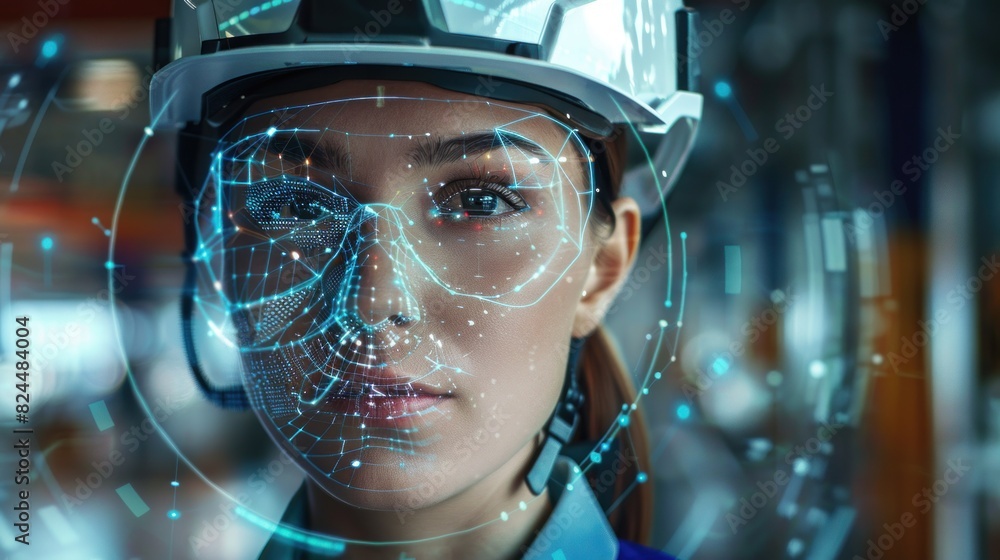 Full face portrait of female engineer wearing safety helmet View camera ...