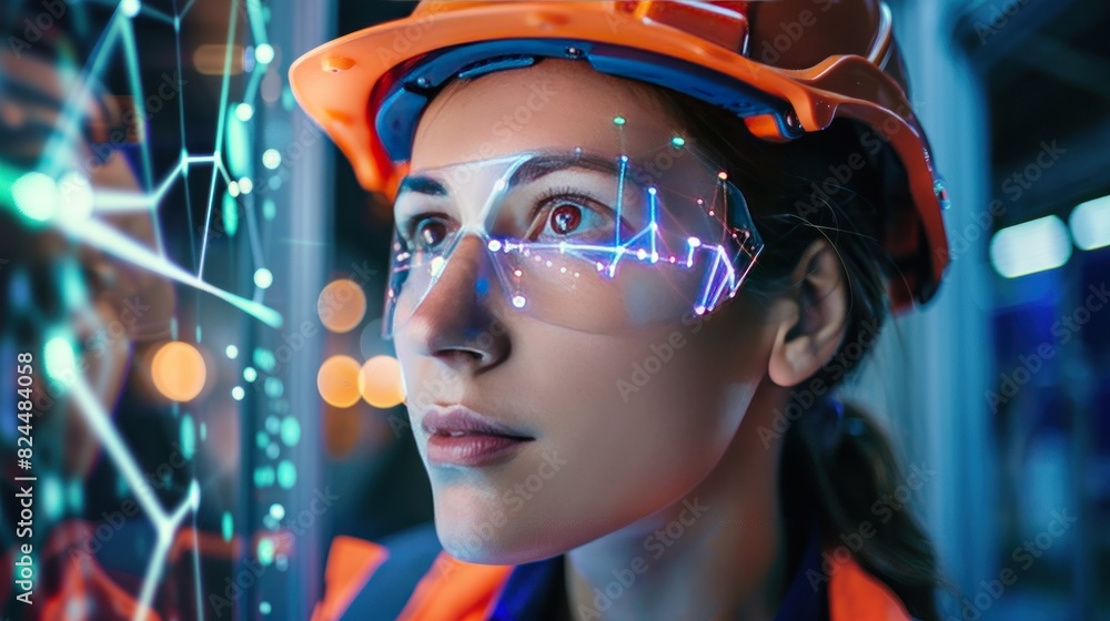Full face portrait of female engineer wearing safety helmet View camera ...