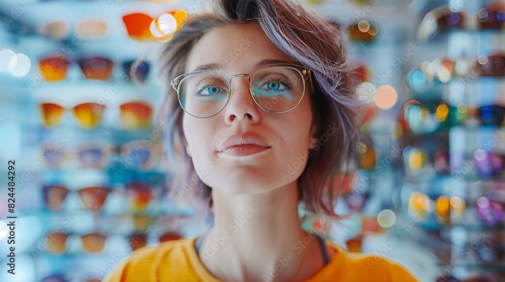 A woman with colourful hairstyle is into the eyewear selection, fashion ...