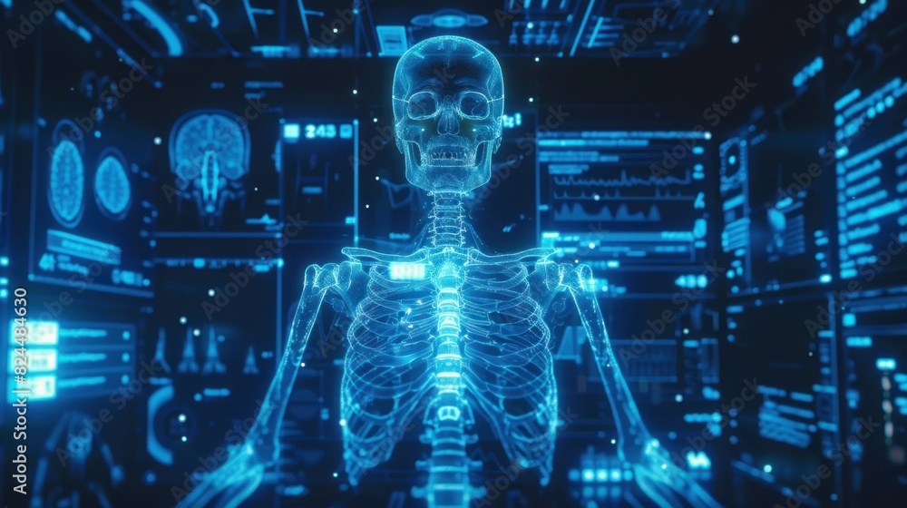 Human skeletal structure in digital rendering, UI, scanned bone system ...