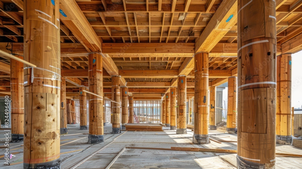 Show the placement of wooden support columns and posts for structural ...