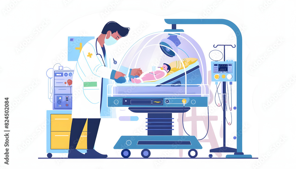 Clipart of a neonatologist monitoring vital signs of a newborn in an ...