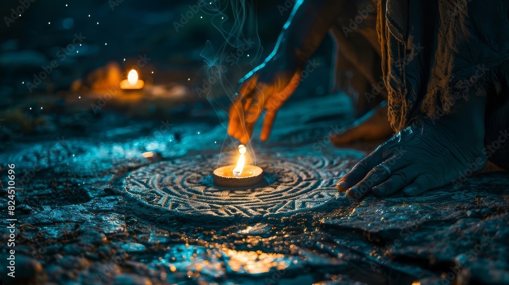Show an alchemist under the light of the full moon, performing a ritual ...