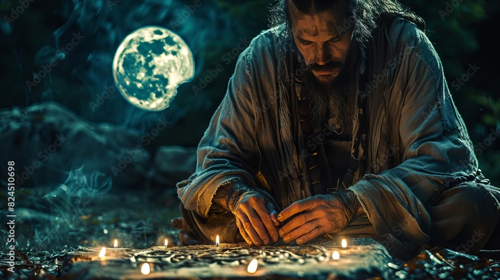 Show an alchemist under the light of the full moon, performing a ritual ...