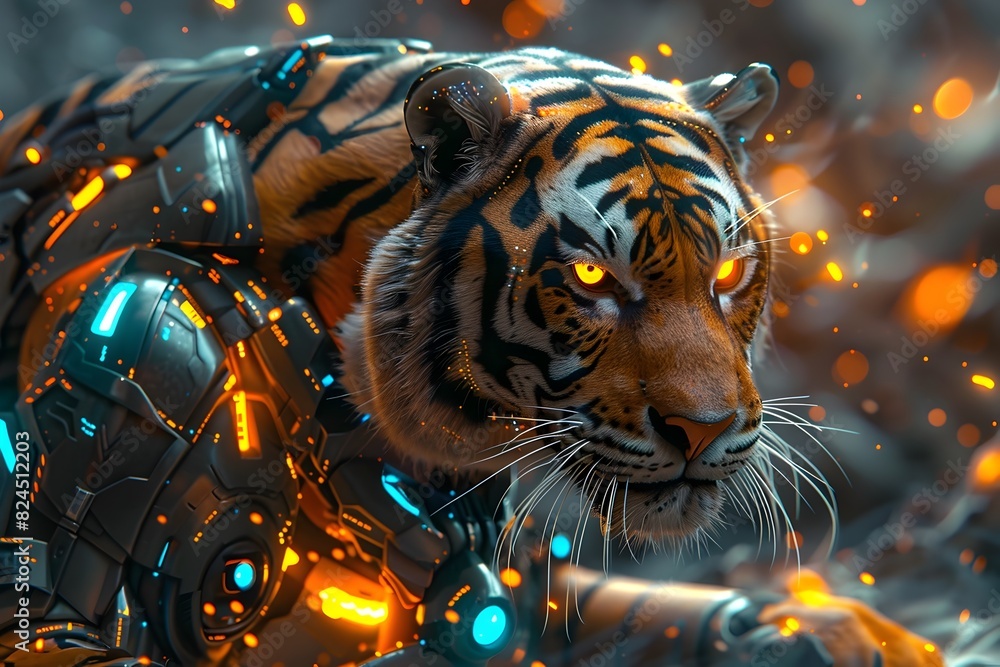 Powerful Cyborg Tiger Warrior Emerging from Swirling Energy Portal in ...
