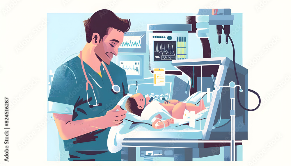 Clipart of a neonatologist carefully monitoring vital signs of ...