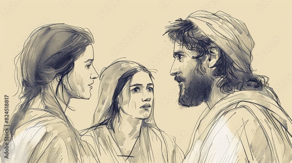 Jesus Visiting Martha and Mary in Their Home, Biblical Illustration of ...