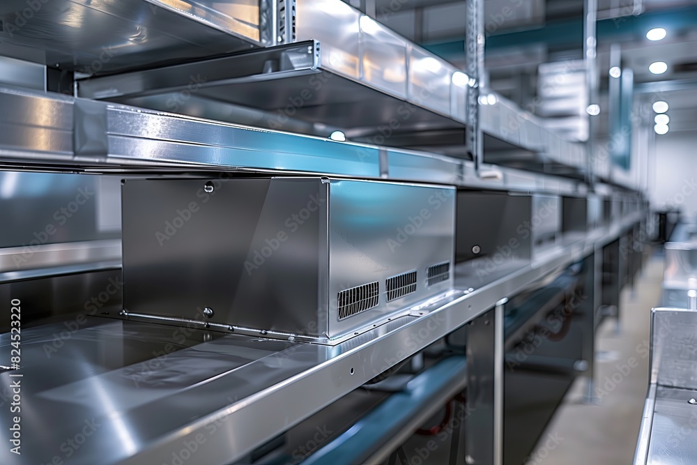 Stainless steel equipment boxes on shelves in a food factory kitchen ...