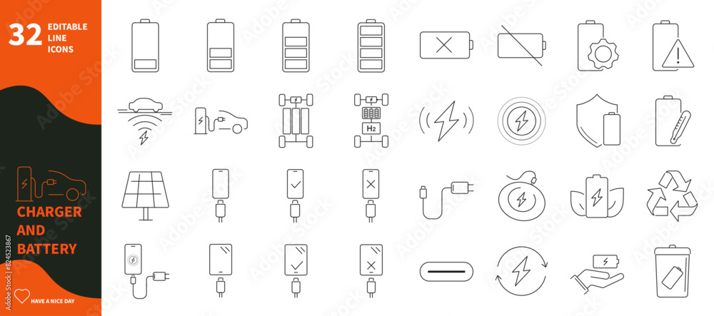 Charging and battery icon. Set of icons for charging technology ...