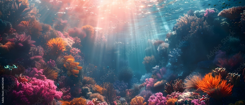 A vibrant coral reef scene underwater with various fish, displaying the ...