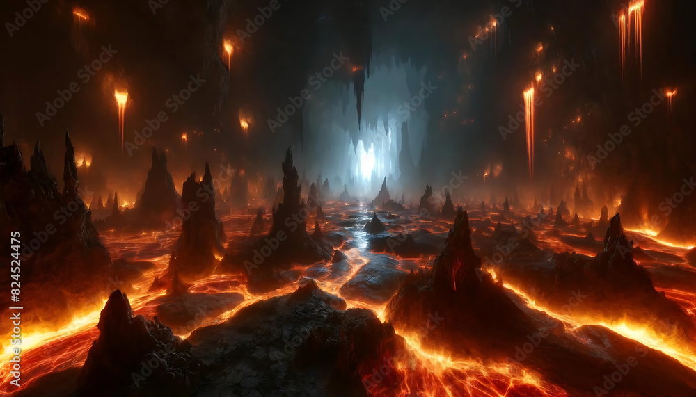 Hell Caves A vast, surreal network of hell caves illuminated by glowing ...