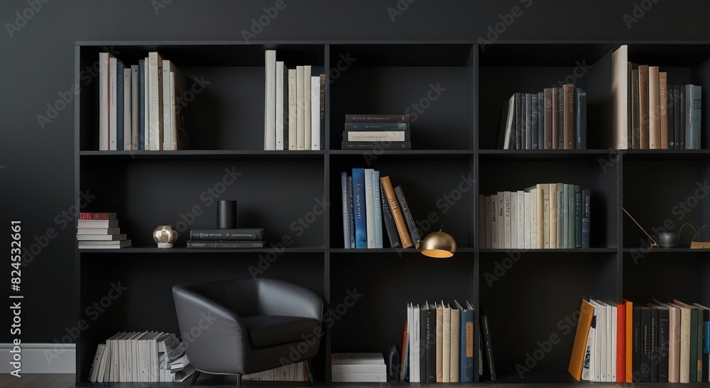 A high-definition image of a sleek, built-in bookshelf, showcasing rows ...