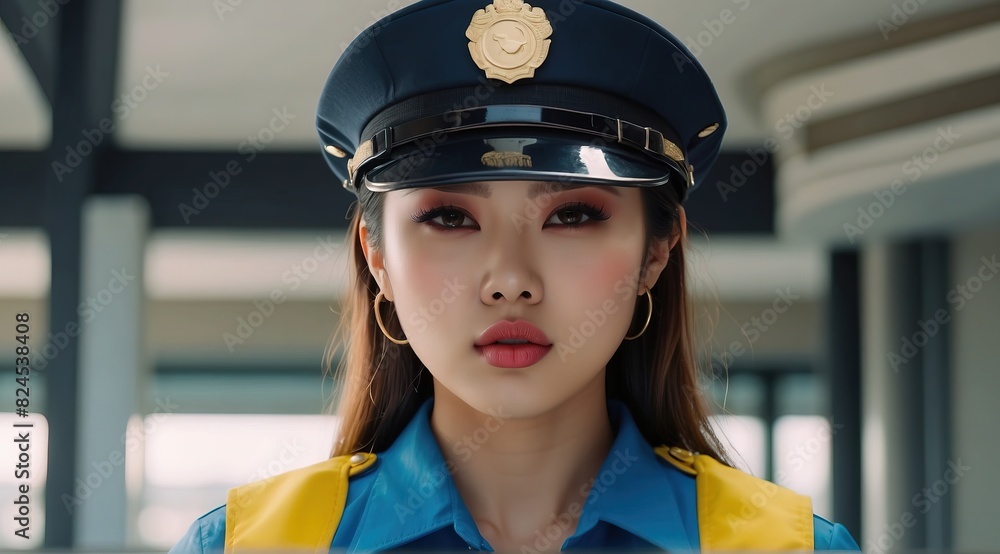 Beautiful attractive asian woman model wearing security guard or safety ...